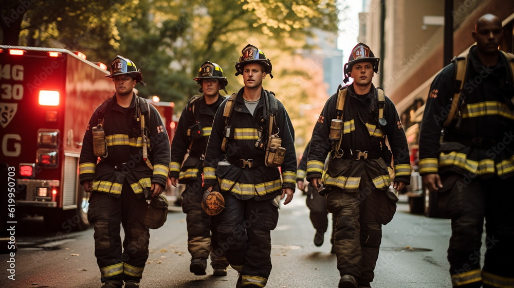 A group of firefighters walking together, their uniforms adorned with ...