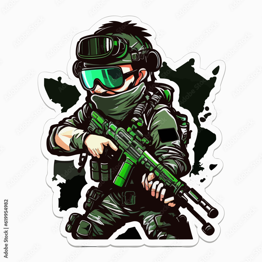 Airsoft player with mask rifle and equipment. Cartoon vector ...