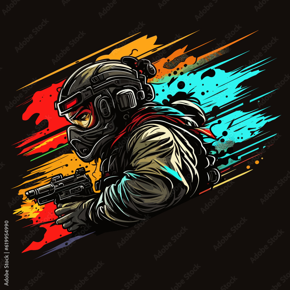 Soldier with an automatic weapon and helmet. Airsoft player ready to ...