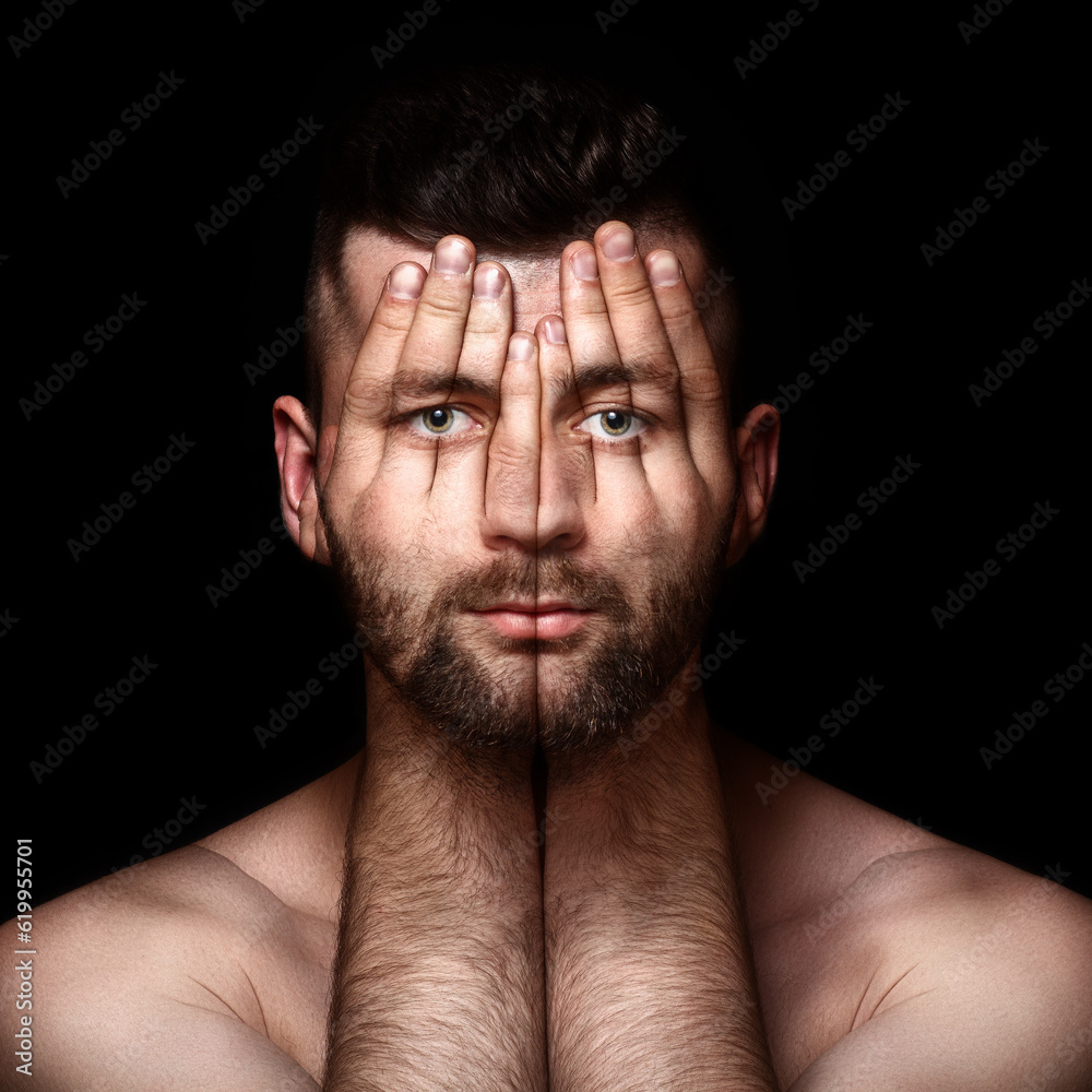 Surreal Portrait Of A Man Covering His Face And Eyes With His Hands Face Shines Through Hands