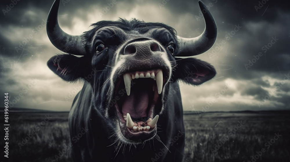 Angry Scary Bull Captured in Mid-Scream: A Dark Moment in a Field ...