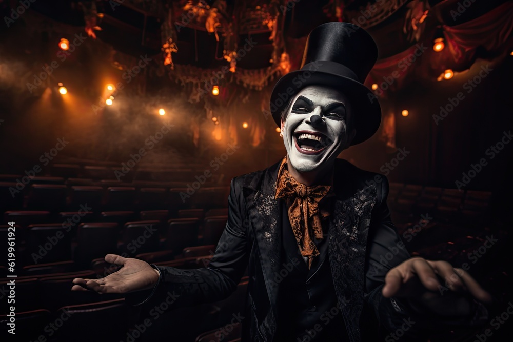Evil grinning joker invites you to the show, mysterious, spooky and ...