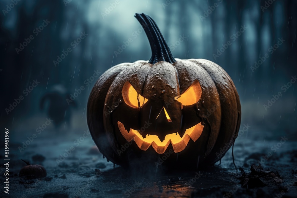 creepy smile halloween pumpkin in the woods, spooky background for the holiday season, generated ...