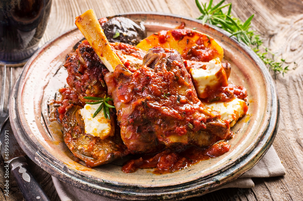 Traditional Greek braised lamb knuckle with feta cheese and eggplant in ...