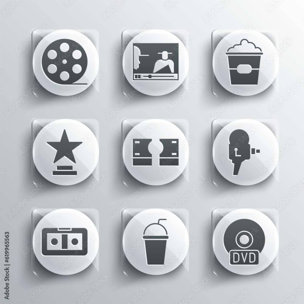 Set Paper glass with straw, CD or DVD disk, Retro cinema camera, Stacks ...