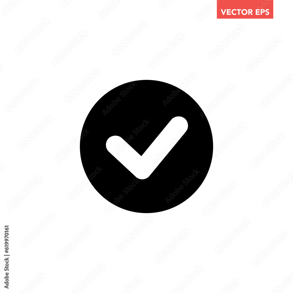 Black single filled round glyph check mark icon, simple correct button ...