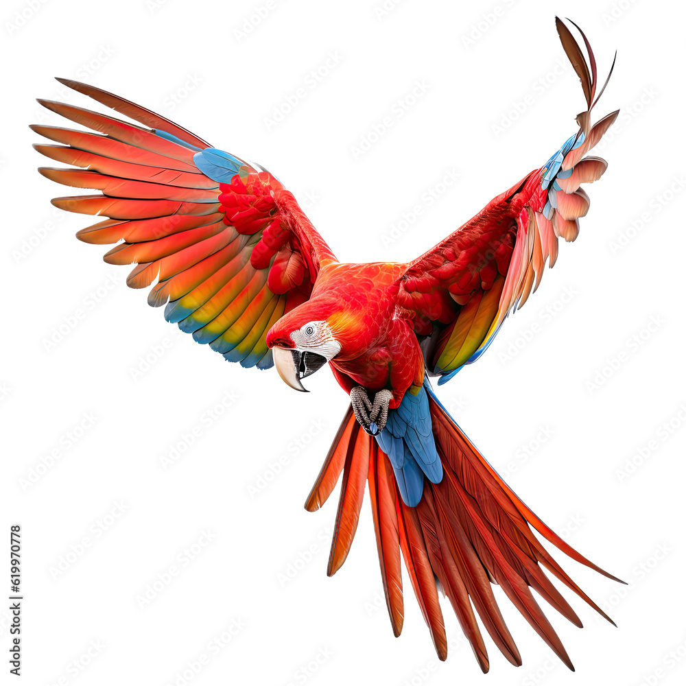 a Scarlet Macaw, Ara macao, in flight in various positions, full body ...