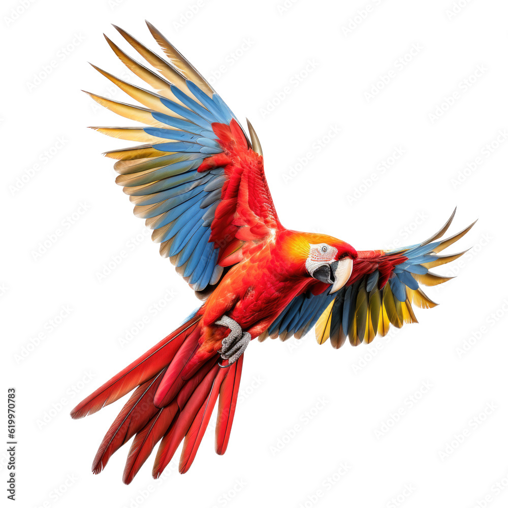 a Scarlet Macaw, Ara macao, in flight in various positions, full body ...