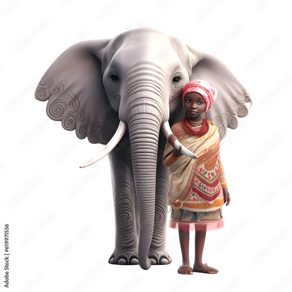 Indian woman with an elephant on a white background. 3d illustration ...