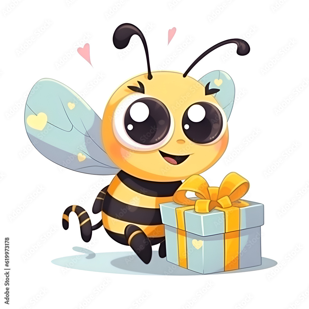 Cute cartoon bee with gift box. Vector illustration isolated on white ...