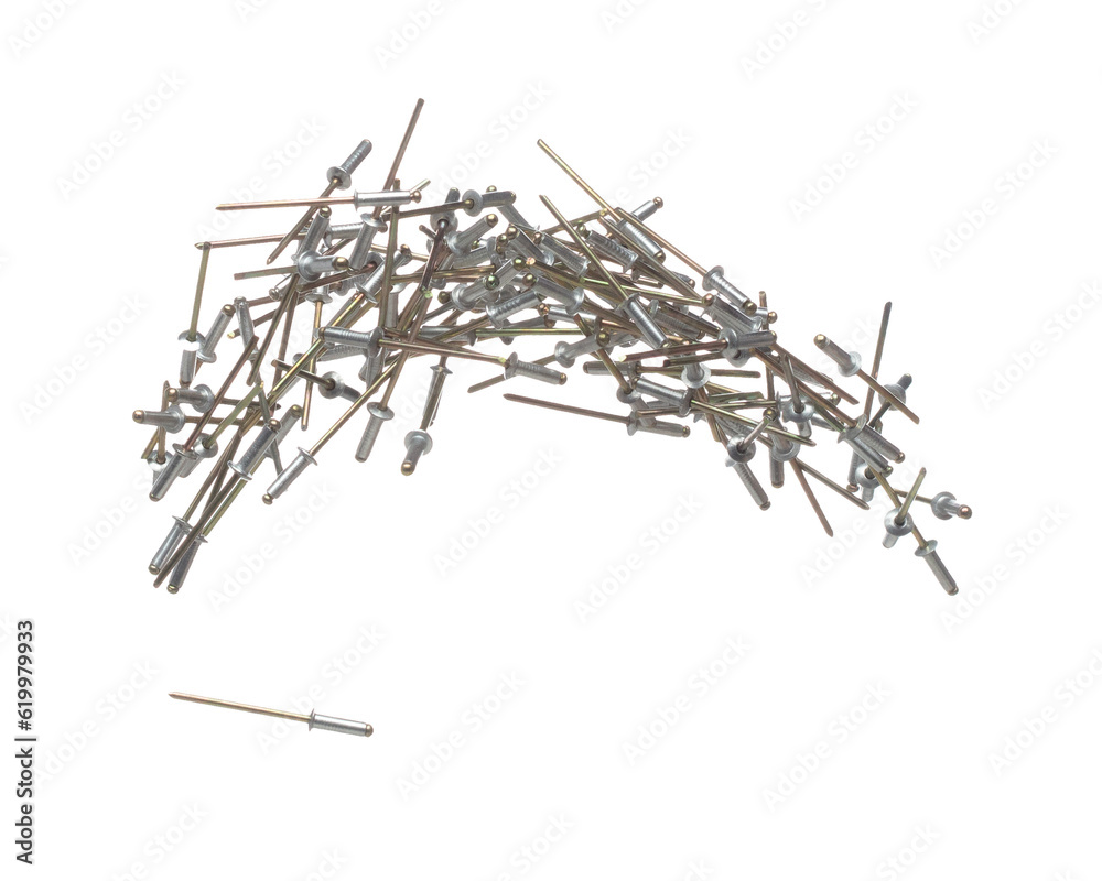 Blind Rivet nail fly in air. Many bulk blind rivet group float up over ...