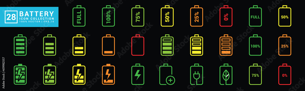 Battery icon collection, energy, power, charge, full, editable and ...