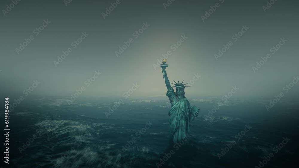 Rising sea level floods New York city. Statue of Liberty sinking ...