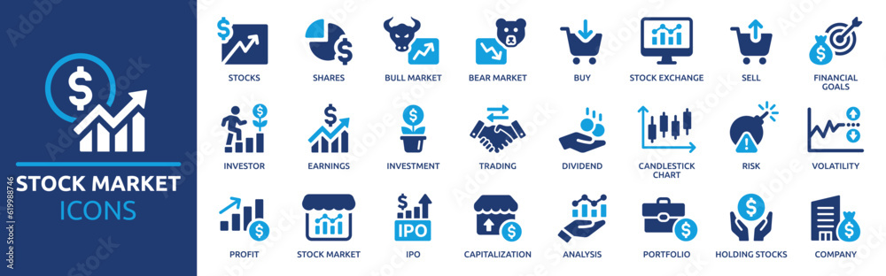 Stock market icon set. Containing stocks, stock exchange, financial ...