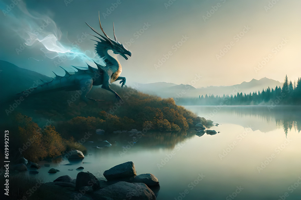 Fantasy friendly dragon portrait. Surreal artwork of danger dragon from ...