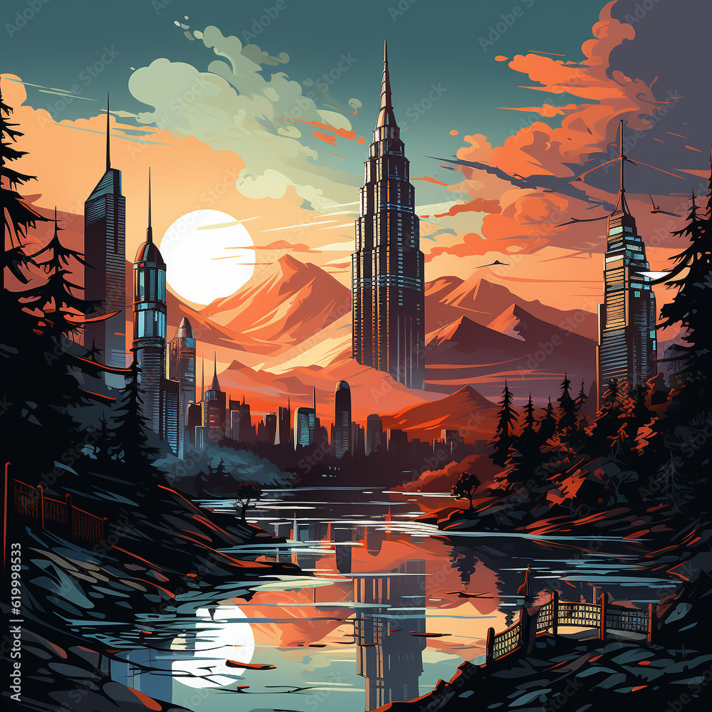 An impressive vector illustration showcasing the [Petronas Twin Towers ...