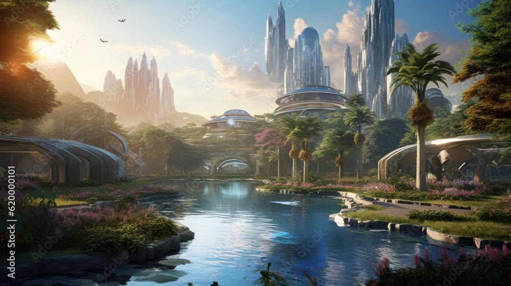 Tranquil park oasis within a sprawling cyberpunk city, featuring ...