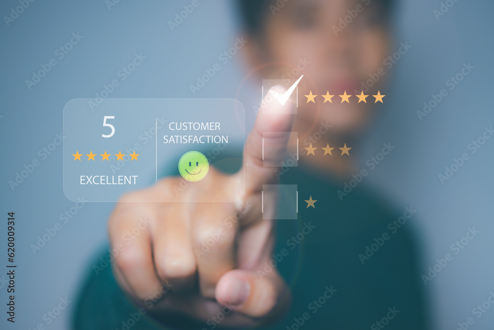 Businessman touching giving high score for feedback review satisfaction service. Customer ...