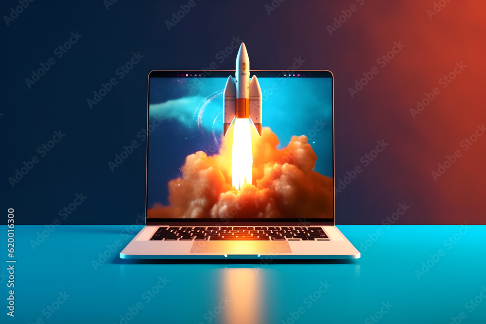 Rocket taking off from laptop screen. Launching Innovation Laptop ...