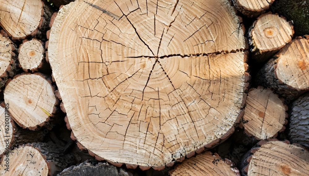stack of logs, Closeup Sawn off logs exposing cross-section with cracks ...
