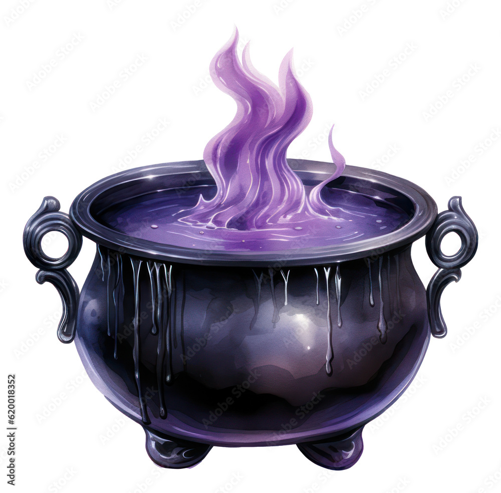 watercolor illustration of a witch's cauldron in black with bubbling ...