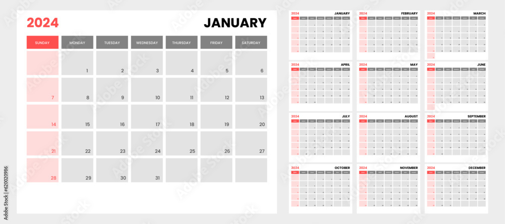 Monthly calendar template for 2024 year. Editable text calendar 2024 ...