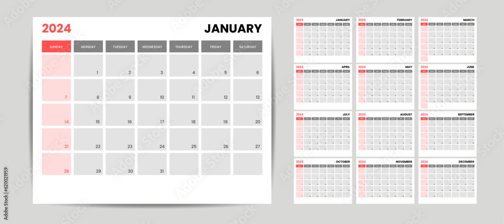Monthly calendar template for 2024 year. Editable text calendar 2024 ...