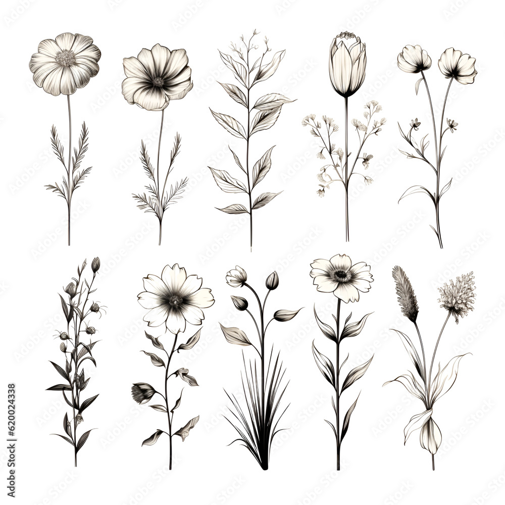 Wildflowers pencil sketch collection clipart Stock Illustration | Adobe ...
