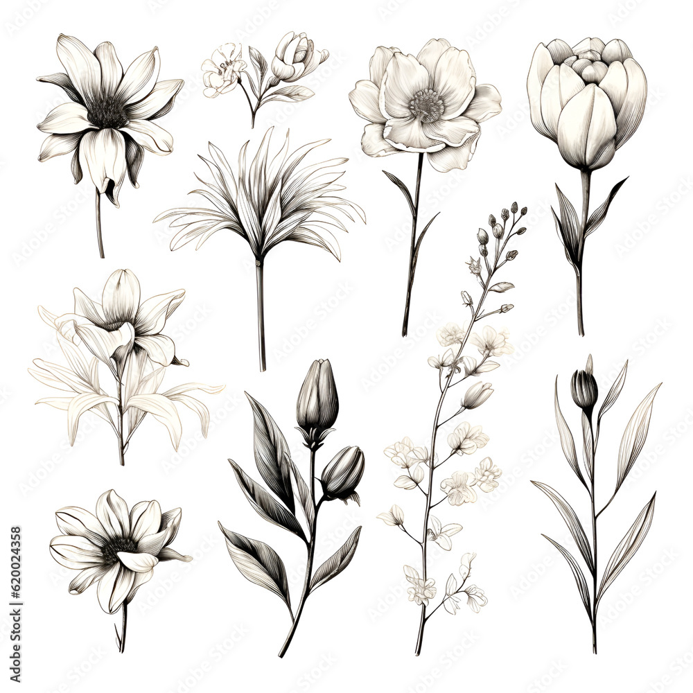 Wildflowers pencil sketch collection clipart Stock Illustration | Adobe ...