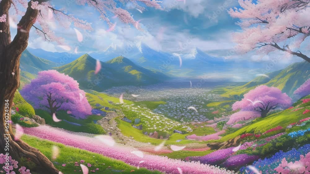 Fantasy spring nature landscape and pink cherry blossom animated ...