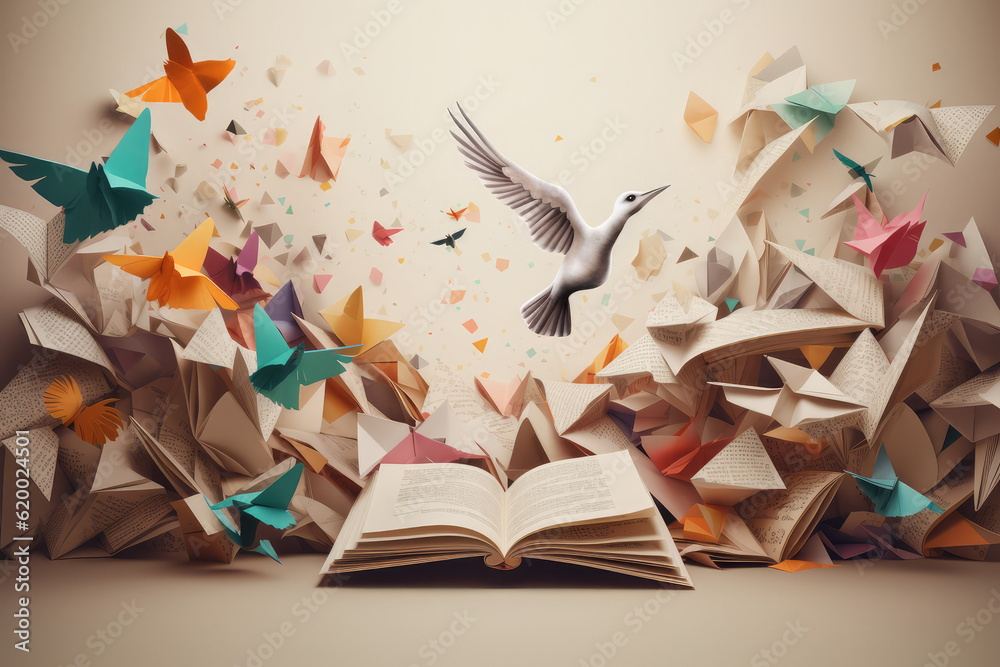 Knowledge concept featuring an open book with an origami bird taking flight, surrounded by ...