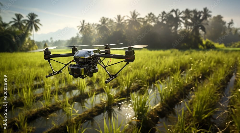 Agriculture drone flying on rice farm to sprayed fertilize. AI ...