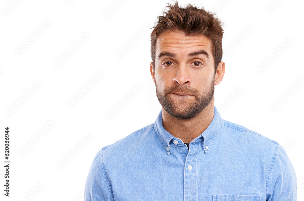 Anxiety, portrait and nervous man worried on isolated, transparent and ...