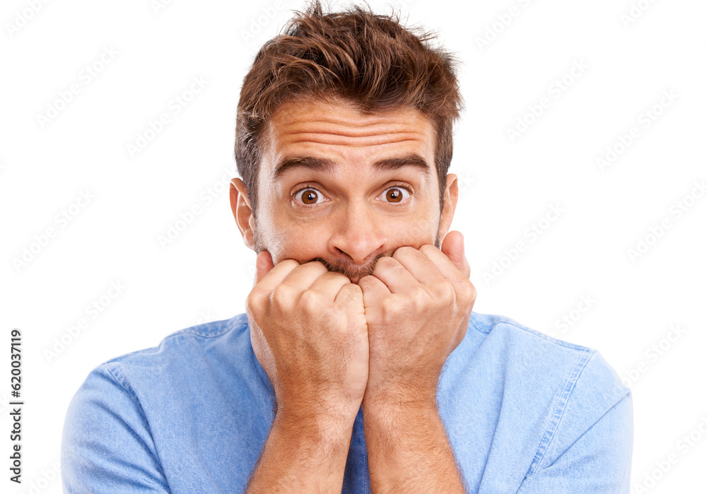 Worried, anxiety and portrait of man scared with stress expression ...