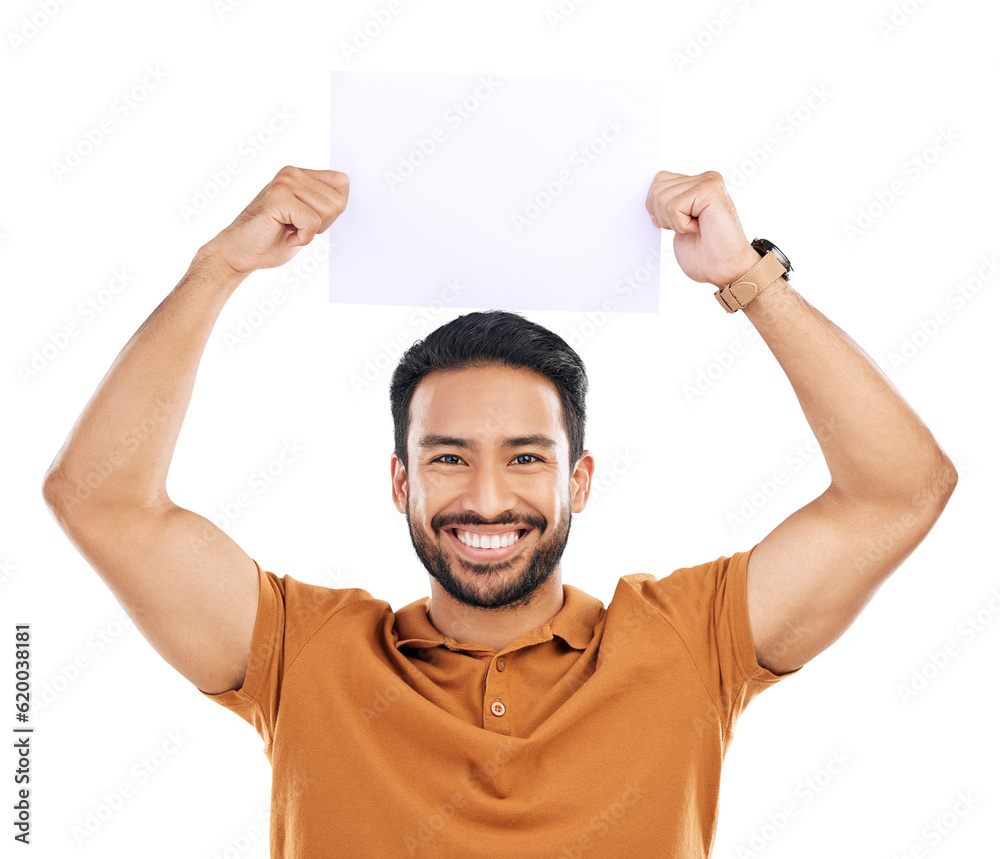Poster, happy man and portrait mockup with marketing placard ...