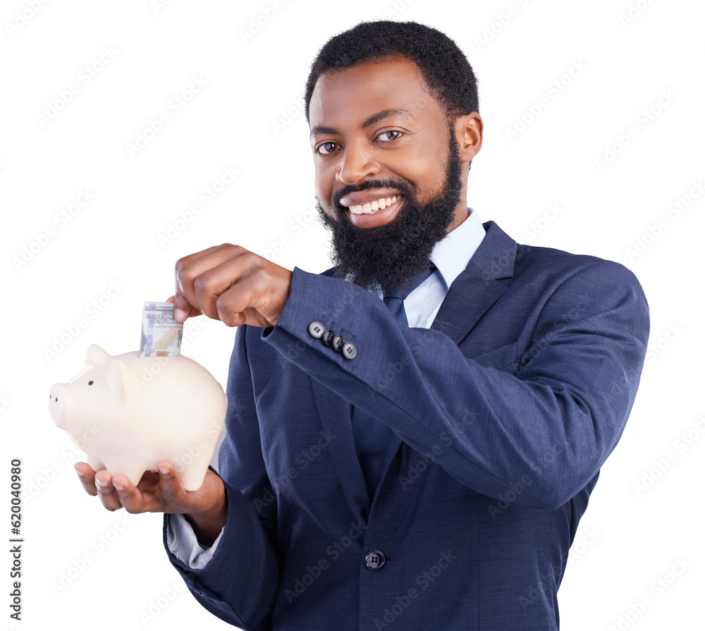 Portrait, black man with piggy bank and smile in finance, budget or ...