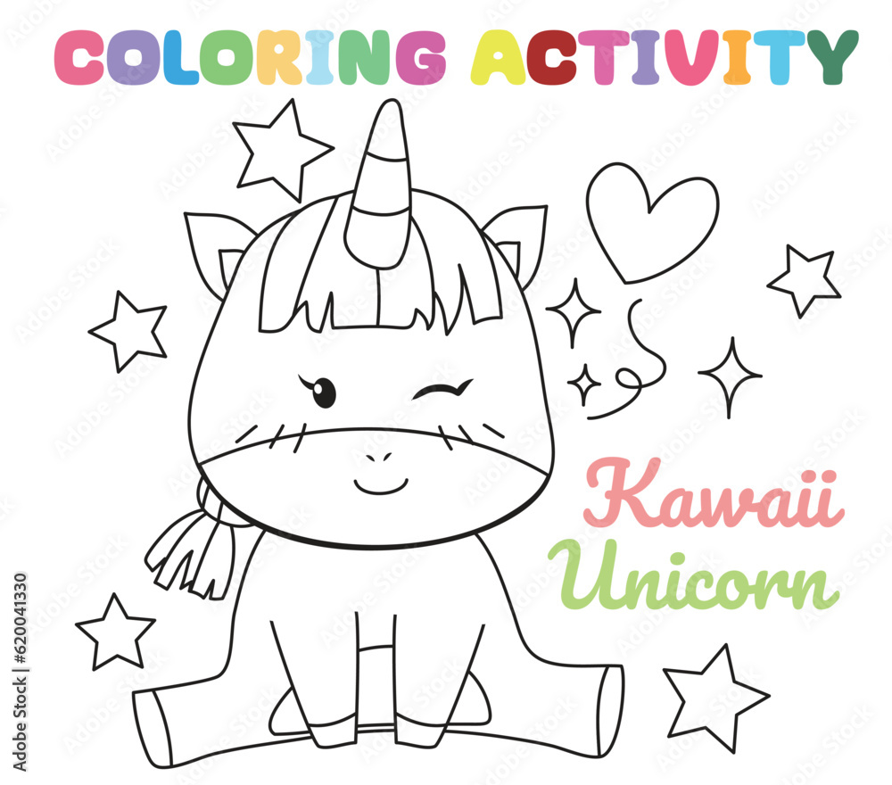 Coloring unicorn worksheet page. Let's colouring the kawaii unicorn ...