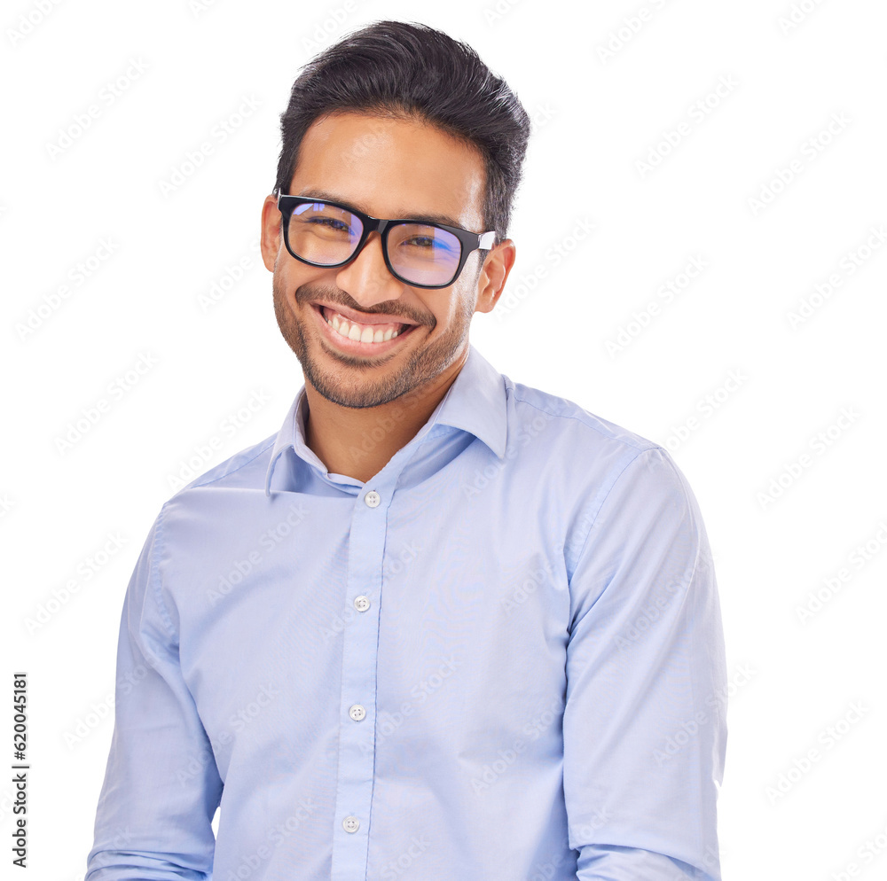 Portrait, smile and asian man with glasses for optometry on transparent ...