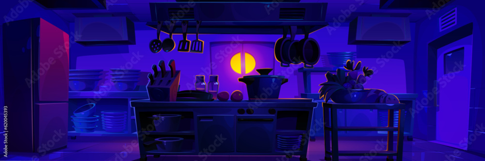 Restaurant kitchen interior at night. Vector cartoon illustration of ...