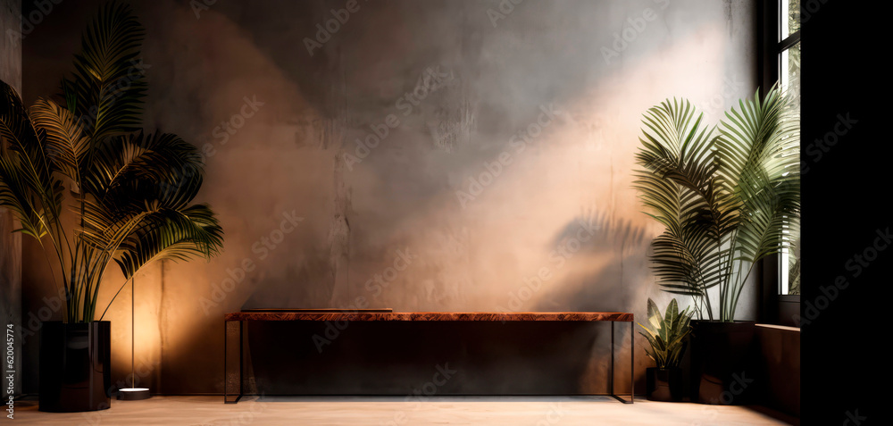 Empty concrete room, apartment with evergreen foliage. Warm Overlay ...