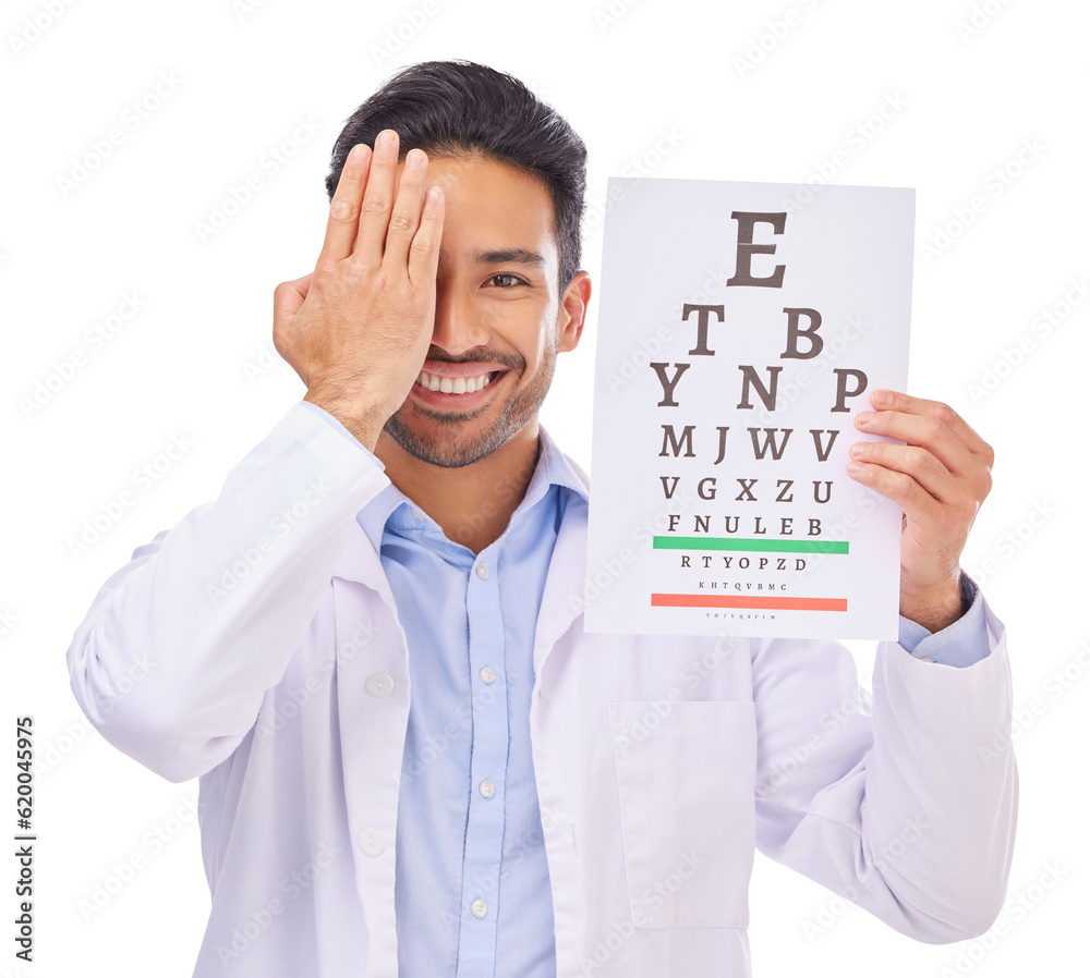 Man, doctor and eye exam chart with vision, optometry and assessment ...