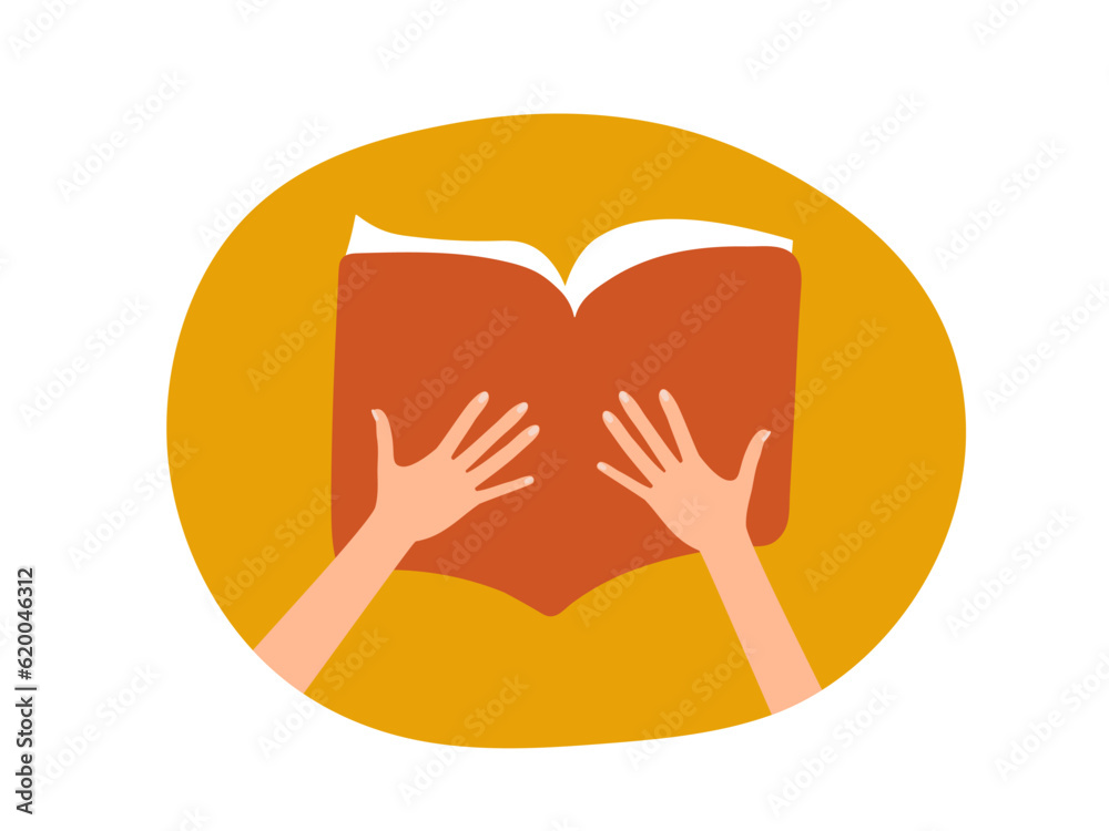 Reading book. Human hands holding open Book doodle style. Color doodle ...