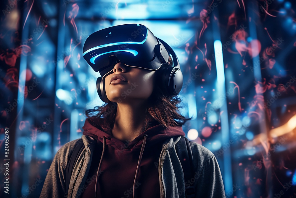 User immersed in augmented reality environment wearing a VR headset ...