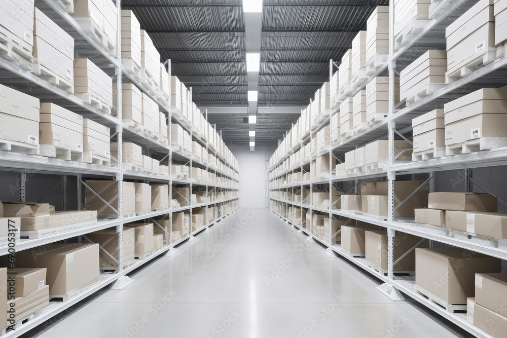White warehouse with organized shelves laden with boxes. The image ...