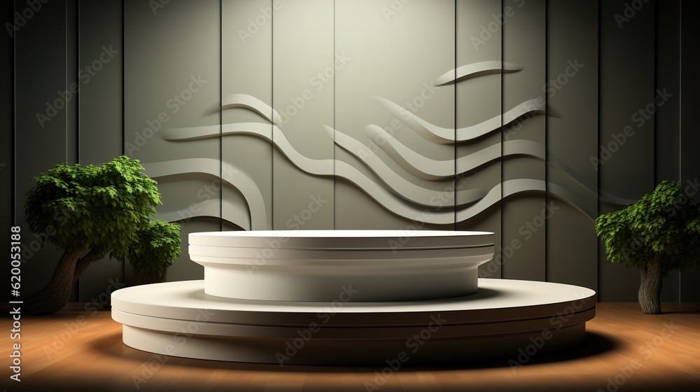 a front view of a white, empty podium stand for product placement with ...