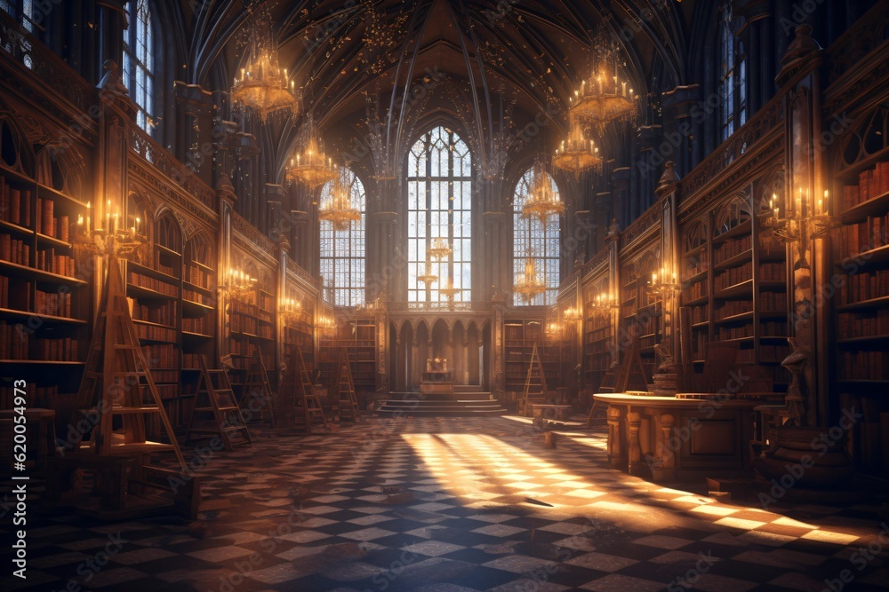 medieval library, gothic reading room interior with desks, old ...