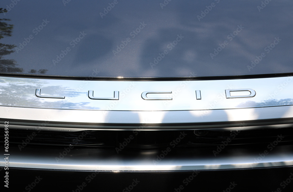 Hood logo badge of a 2023 Lucid Air electric luxury car. Stock Photo ...