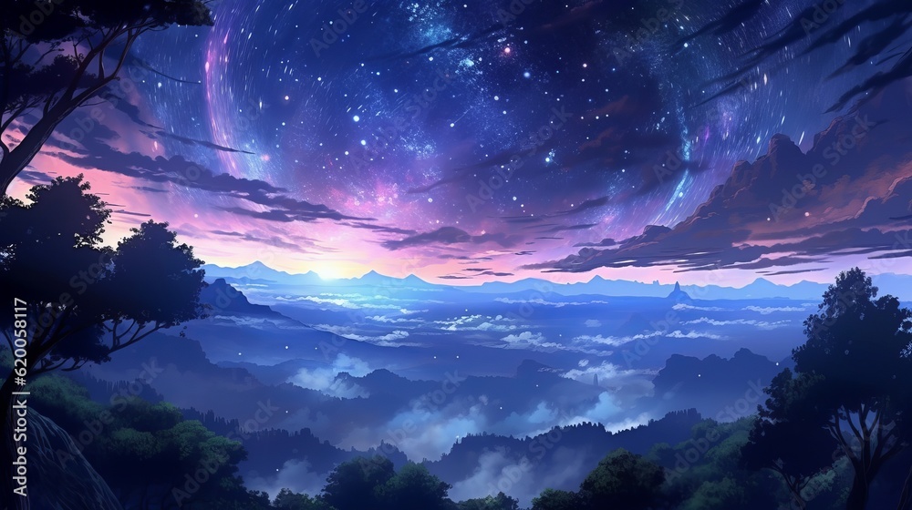 Anime landscape: serene starry night sky with twinkling stars and ...