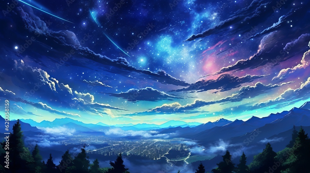 Captivating anime landscape: serene starry night sky with twinkling ...