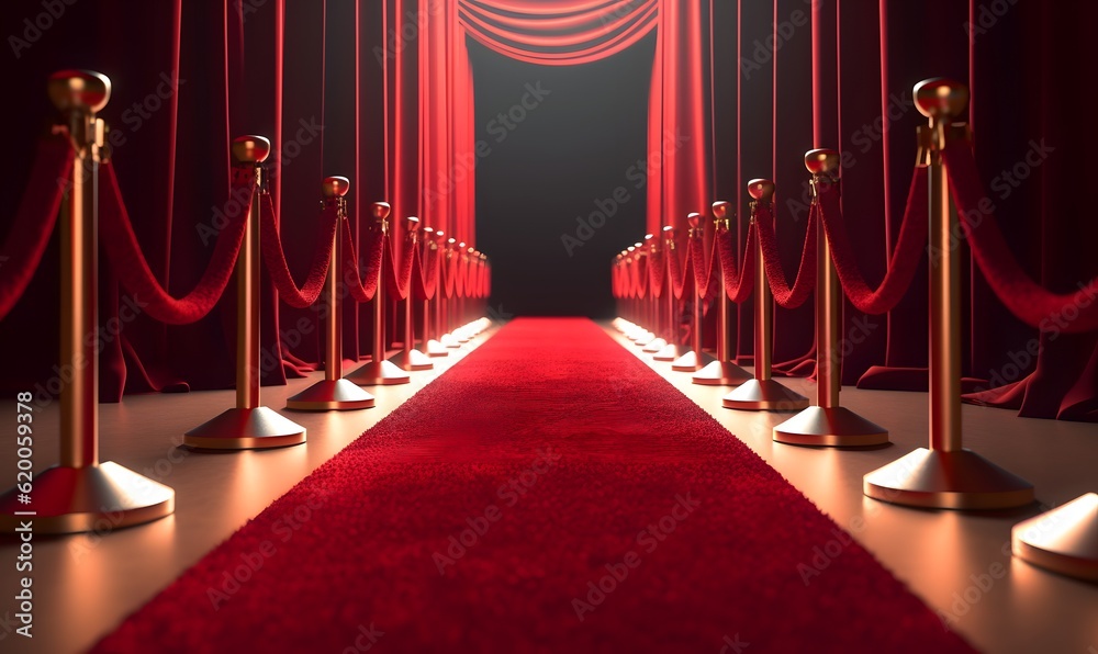 Red Carpet hallway with barriers and red ropes, Generative Ai Stock ...